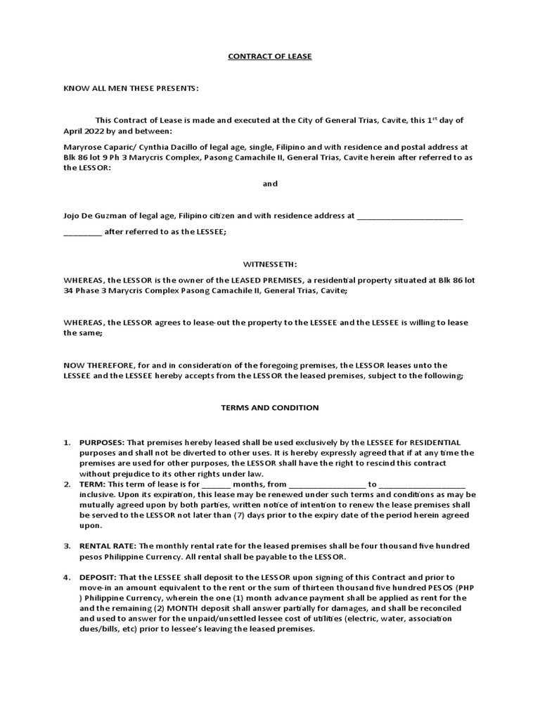 Residential Lease Contract Cavite | PDF | Politics | Law
