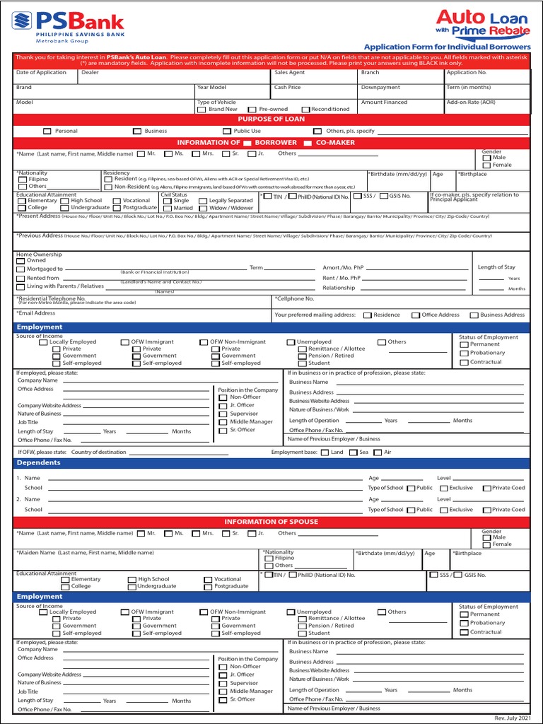PSBank Auto Loan Application Form | PDF | Loans | Banks