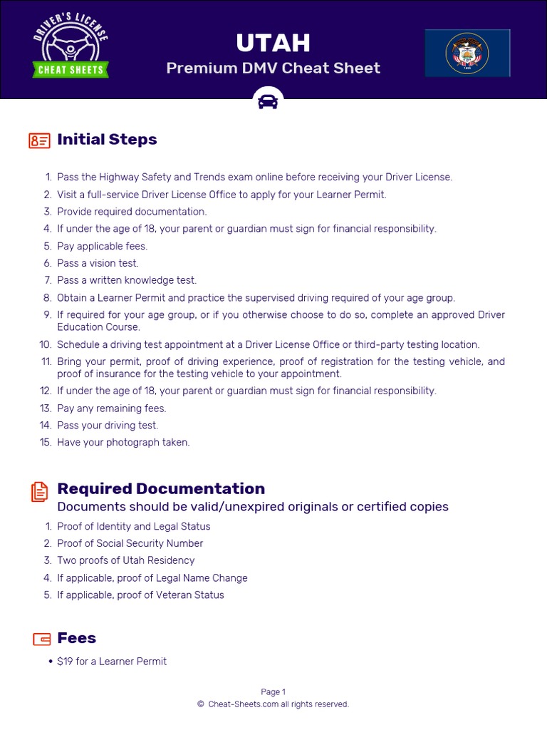 DMV Cheat Sheet Utah en Car Premium | PDF