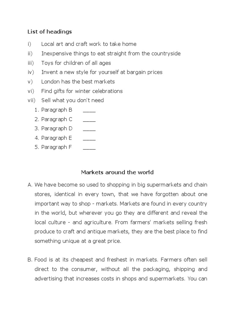 Matching Headings Tasks | PDF | Supermarket | Carpet