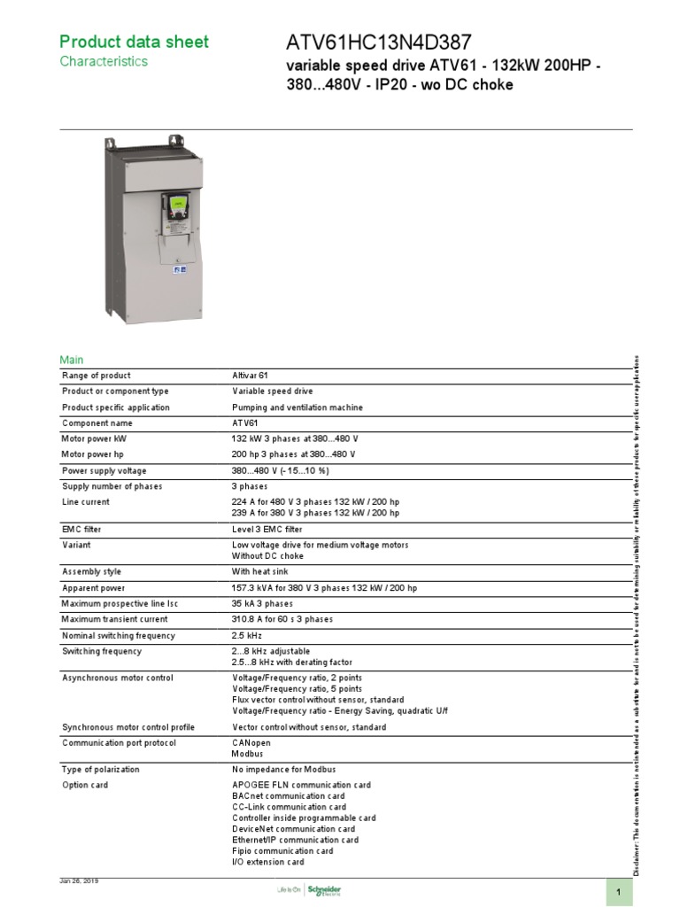 Altivar 61 ATV61HC13N4D387 | PDF | Electric Motor | Power Supply