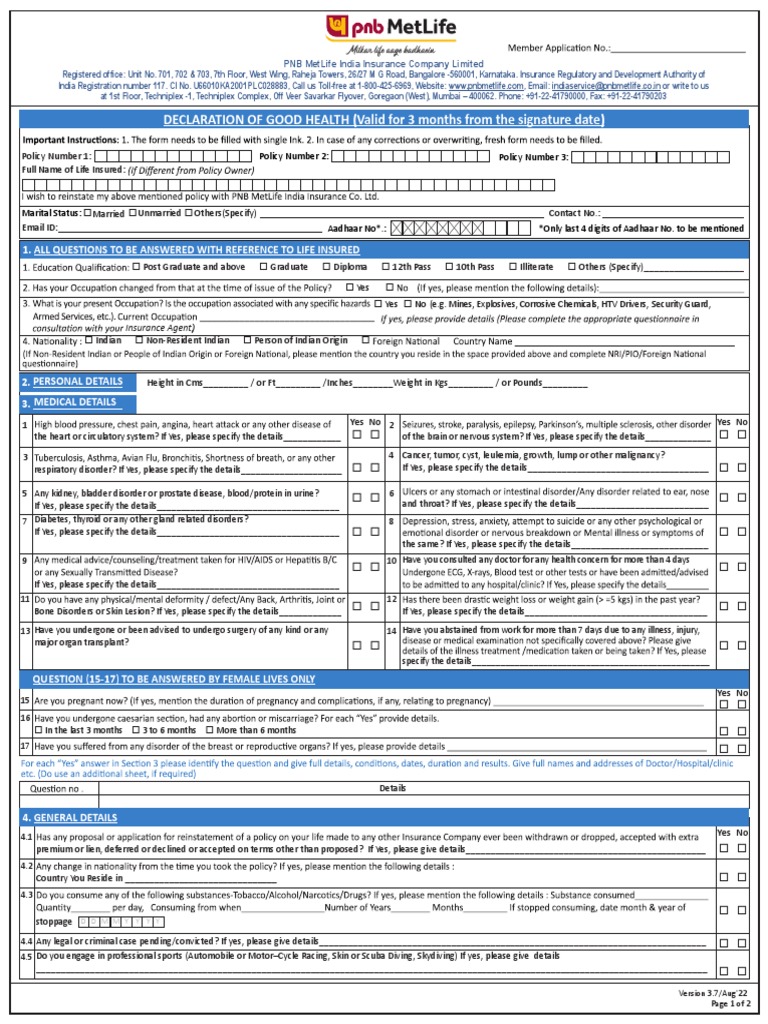 Declaration of Good Health Form Ver 3.7 | PDF | Medical Specialties ...