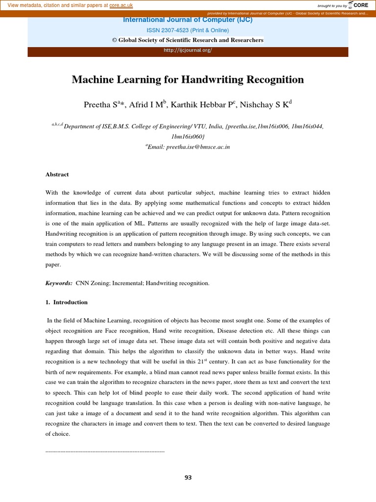 Machine Learning For Handwriting Recognition: Preetha S, Afrid I M ...