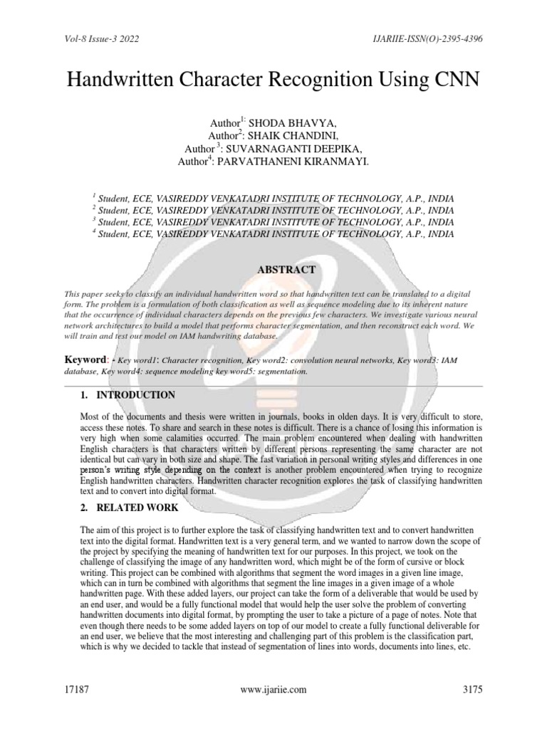 Handwritten Character Recognition Using Cnn Ijariie17187 Pdf