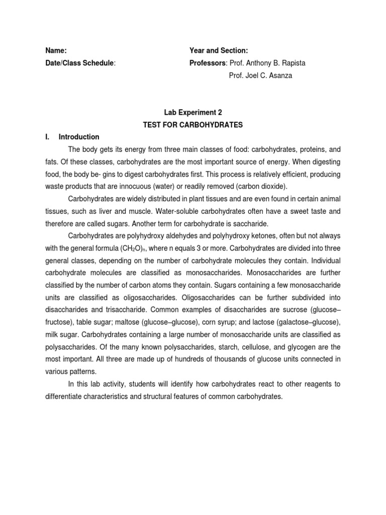 Pre Lab Experiment 3 Test For Carbohydrates | PDF | Carbohydrates ... Pre Lab Experiment 3 Test For Carbohydrates | PDF | Carbohydrates ...
