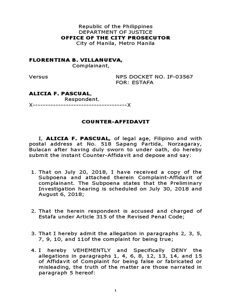 Counter-Affidavit in Estafa Case | PDF