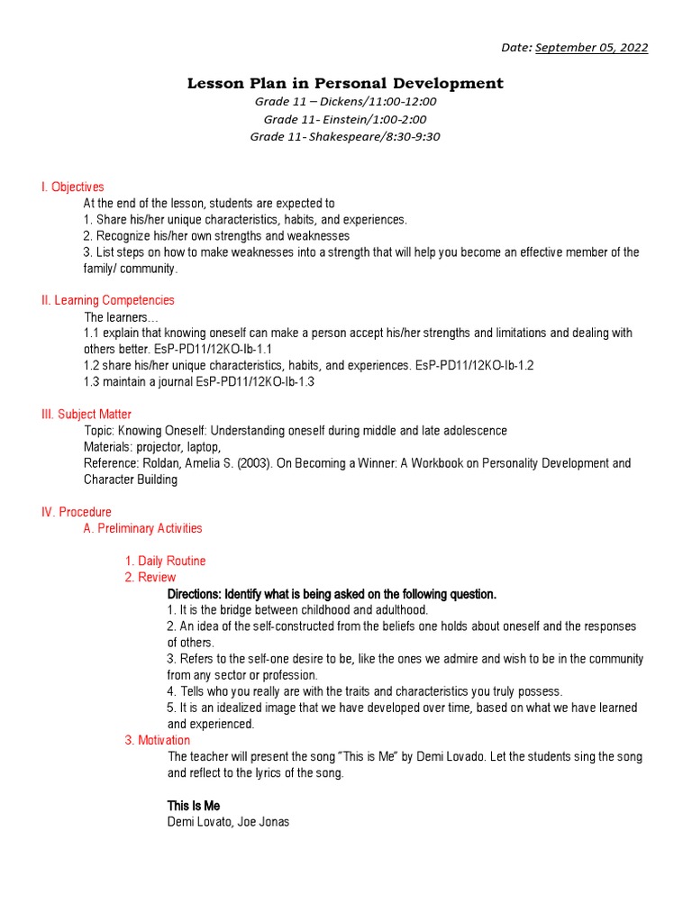 Perdev - Lesson 1.1knowing Oneself | PDF | Learning | Lesson Plan