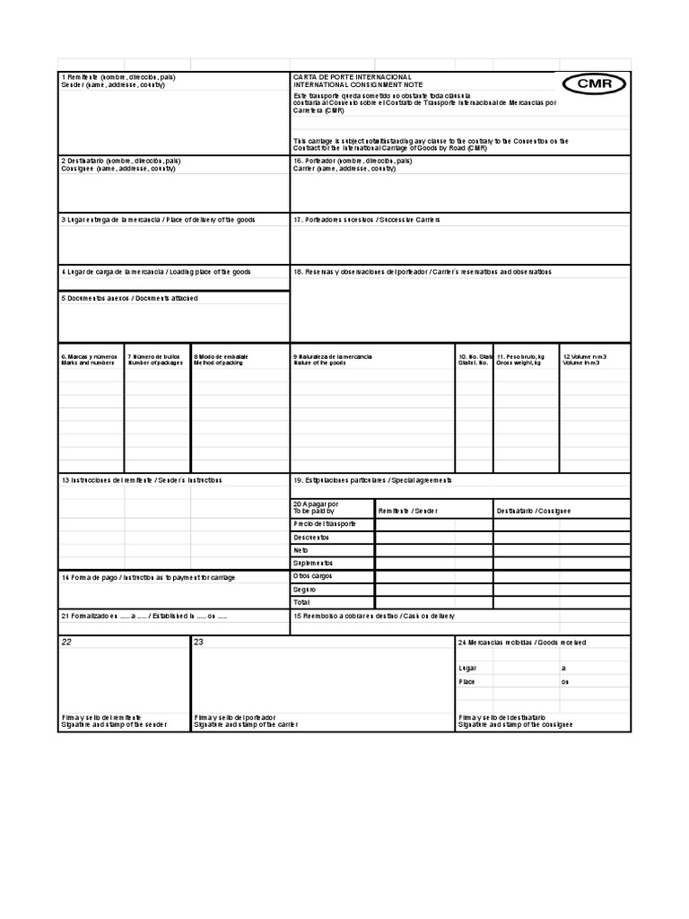 Modelo de Carta de Porte CMR | PDF