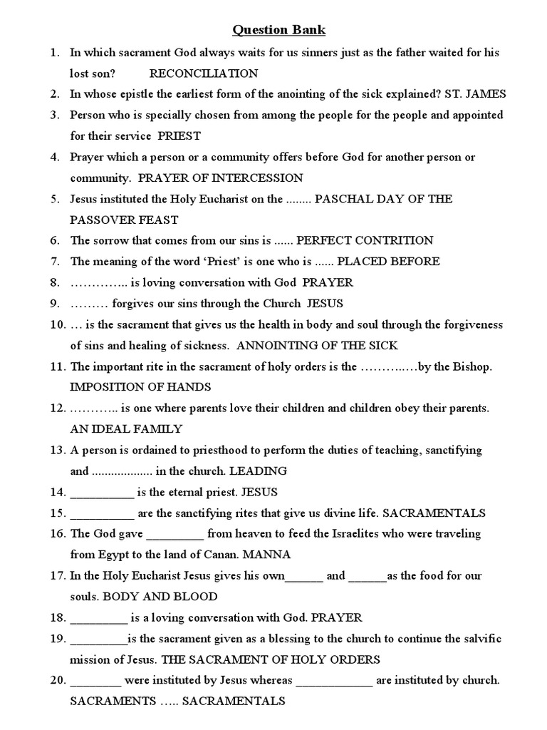 Catholic Sacraments Question Bank | PDF | Eucharist | Catholic Church