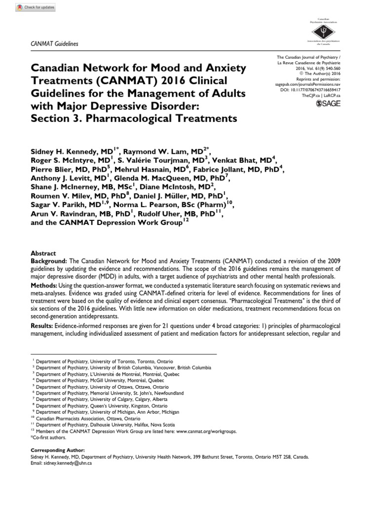 CANMAT 2016 Guidelines: MDD Pharmacotherapy | PDF | Antidepressant ...