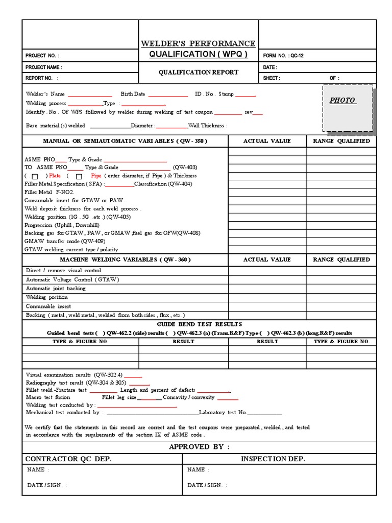 Welder's Performancequalification (WPQ) Form | PDF | Construction | Welding