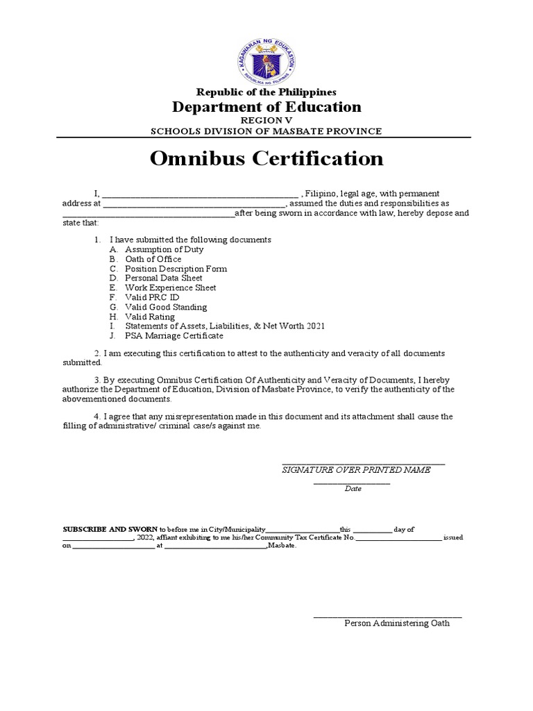 Omnibus Sworn Statement for DepEd Applicants | PDF | Affidavit | Government