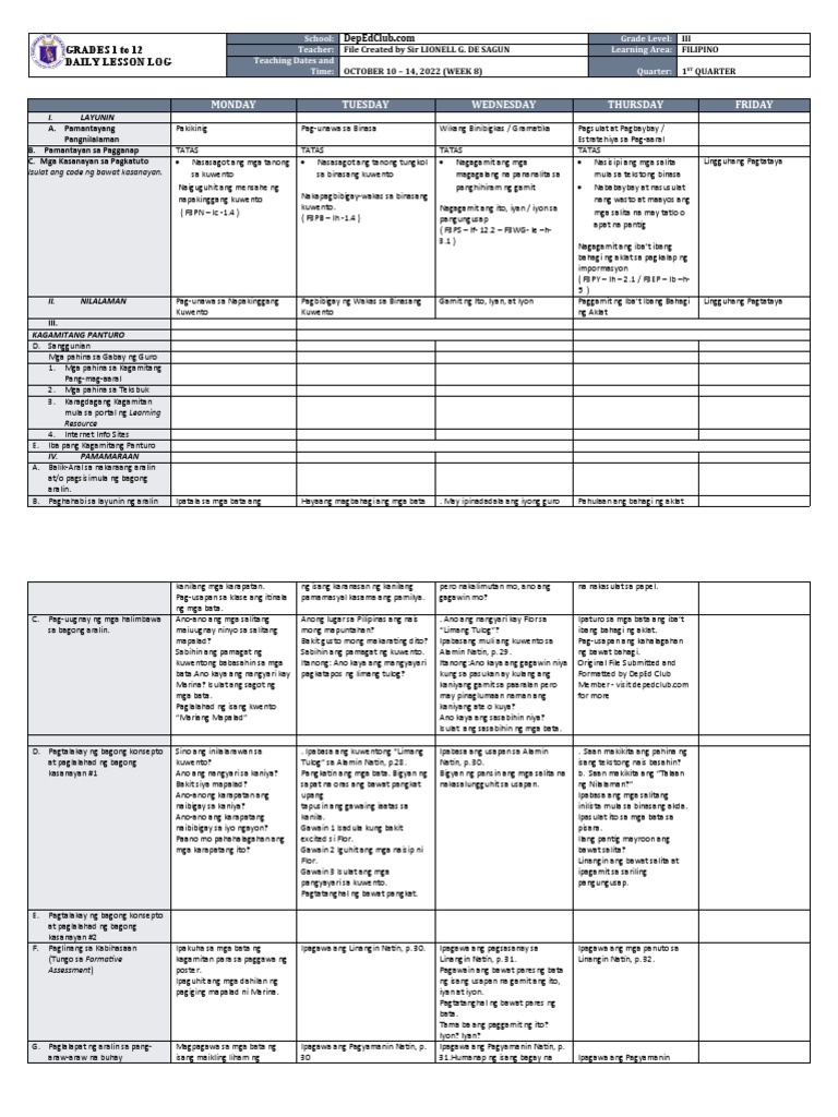 DLL Filipino 3 q1 w8 | PDF
