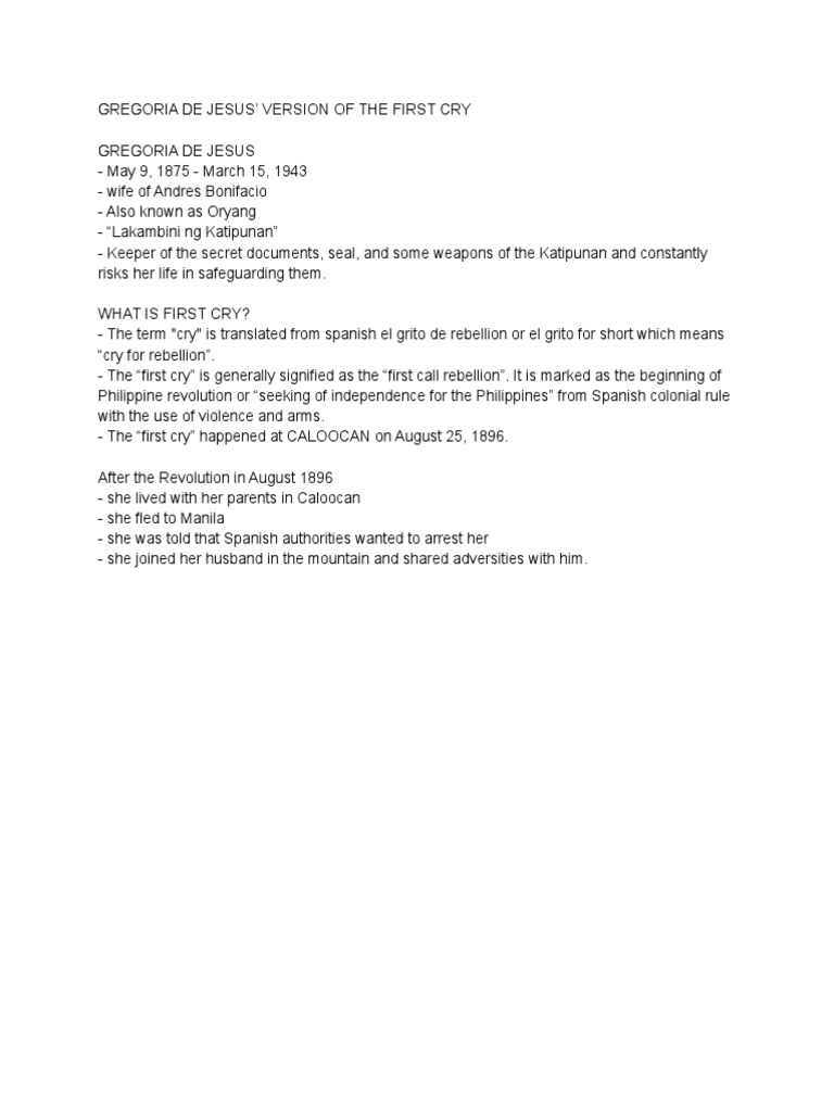 Gregoria de Jesus' Version of The First Cry | PDF