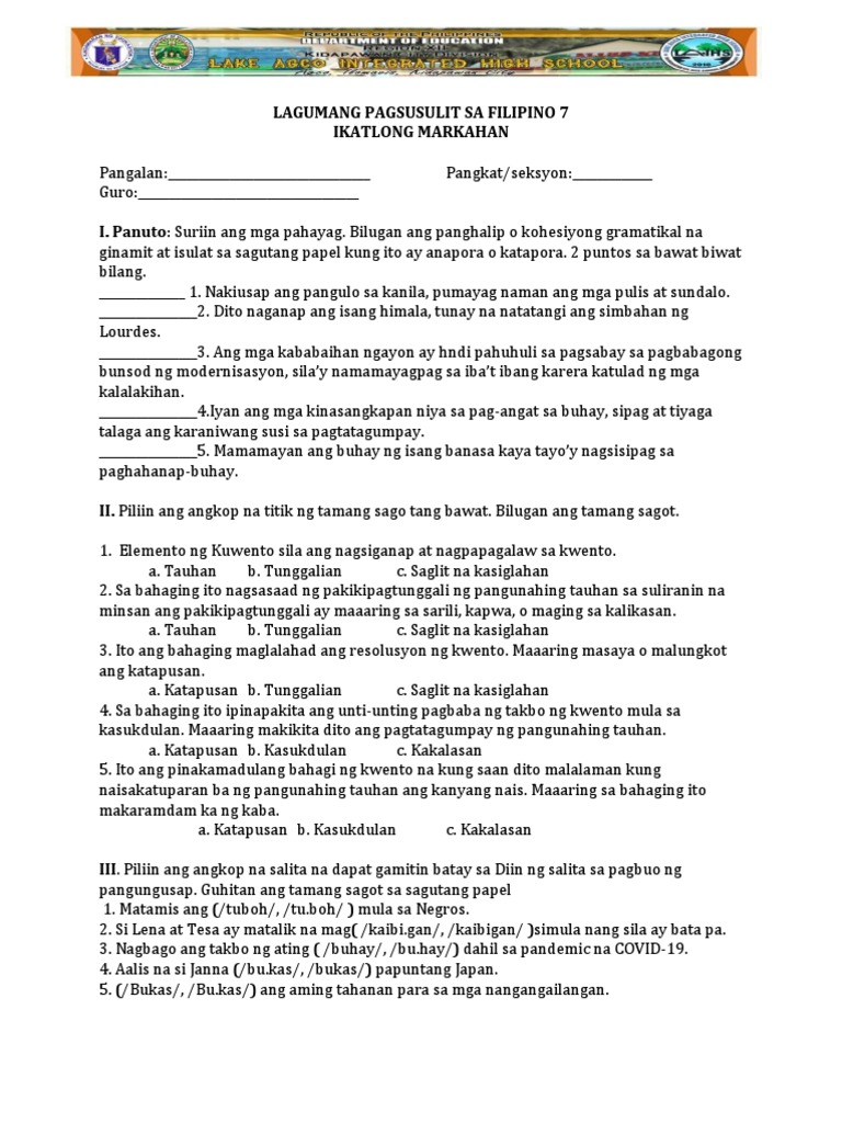 Lagumang Pagsusulit Sa Filipino 7 | PDF Lagumang Pagsusulit Sa Filipino 7 | PDF