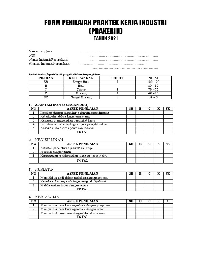 FORM PENILAIAN PRAKTEK KERJA INDUSTRI 2022 (Print) | PDF
