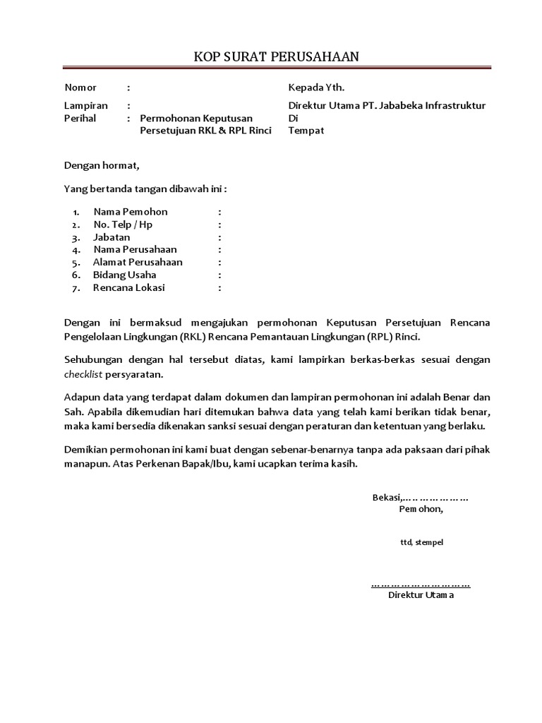 Surat Permohonan RKL & RPL Rinci Ke Kawasan Jababeka | PDF