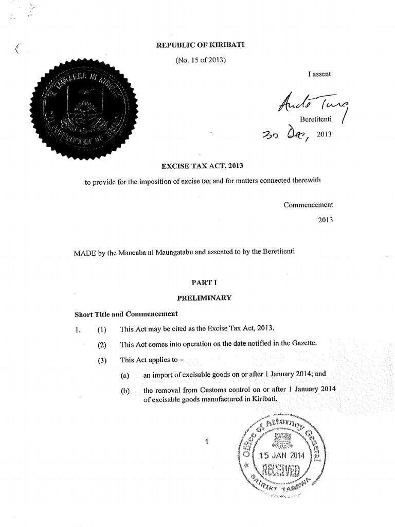 Kiribati Excise, Tax Act No.15 of 2013 | PDF