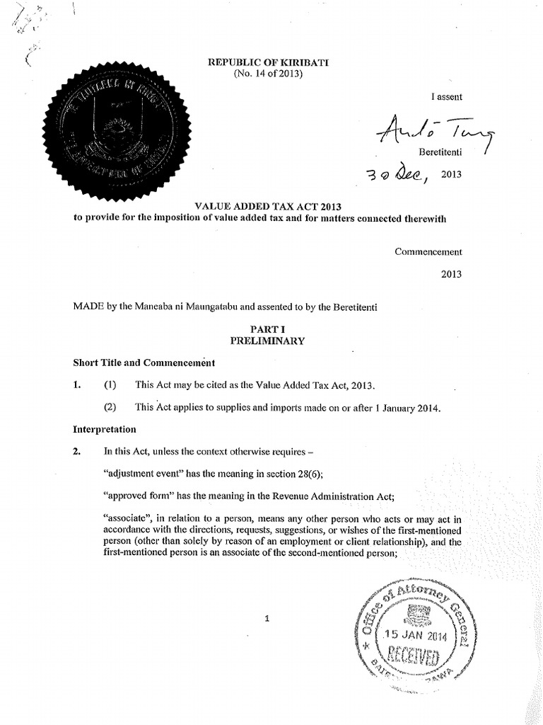 Kiribati Value Added Tax Act No.14 of 2013 | PDF