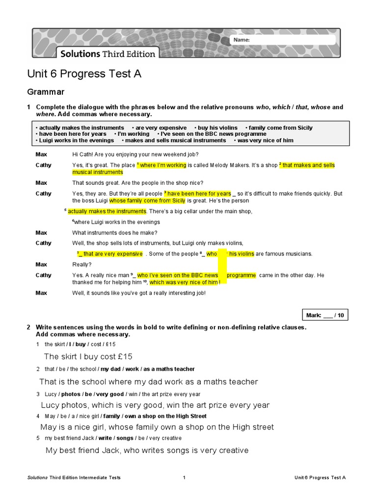 Sol3e Int U6 Progress Test A Pdf Linguistics