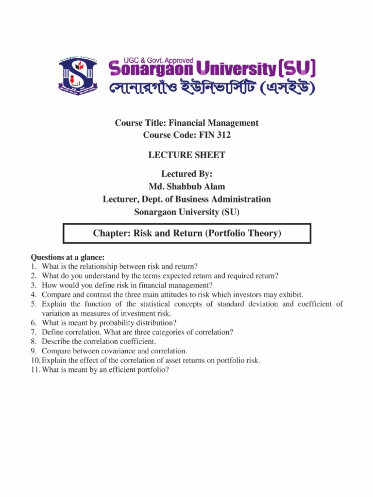 Lecture 1 - Risk and Return (Portfolio Theory) | PDF