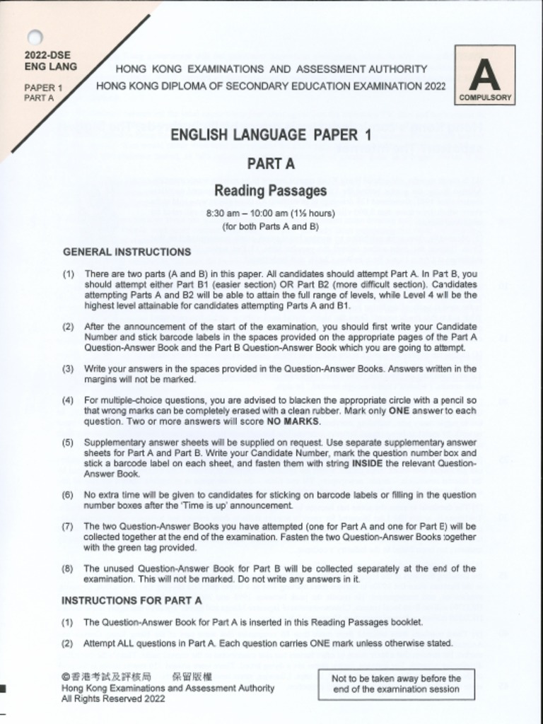 2022 HKDSE English Language Paper 1A | PDF