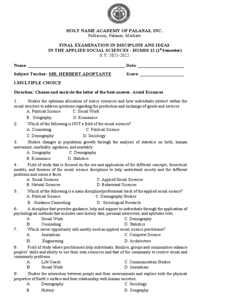 Discipline and Ideas Questonaire | PDF | Social Sciences | Science