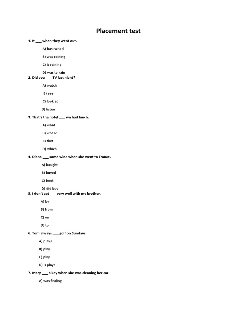 Kids' Placement Test Questions | PDF