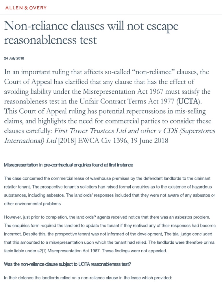 Non-Reliance and Basis Clauses - Allen & Overy | PDF