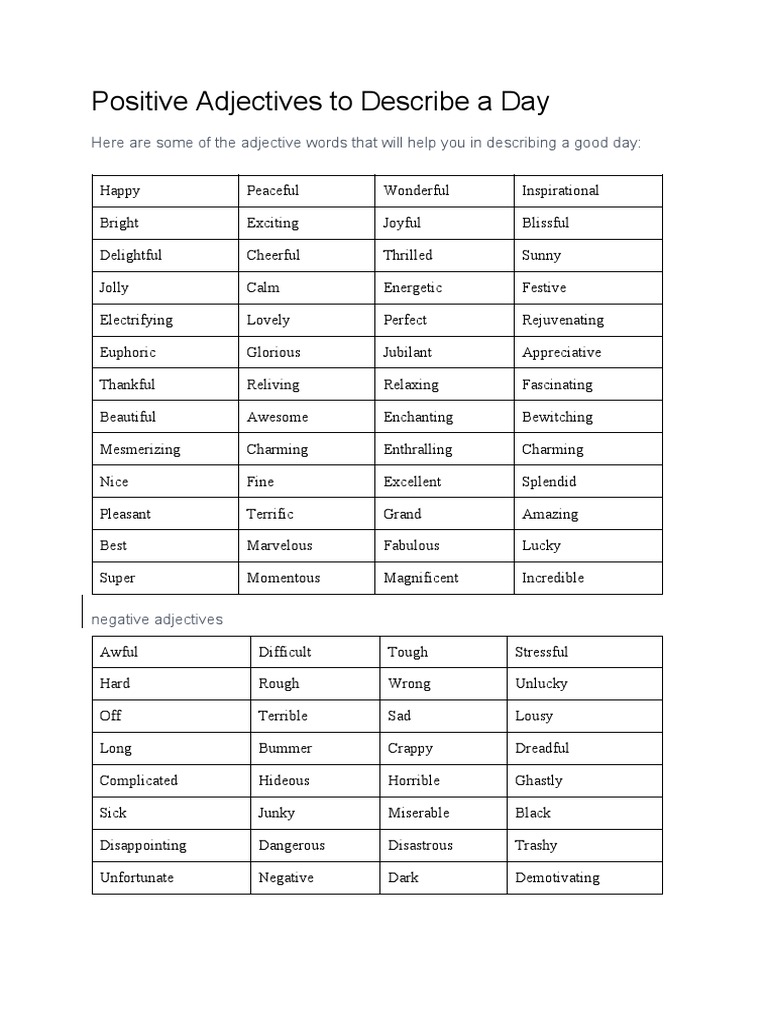Positive Adjectives To Describe A Day | PDF