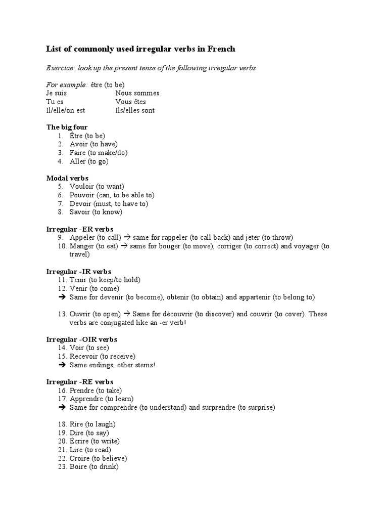 List of Commonly Used Irregular Verbs in French | PDF