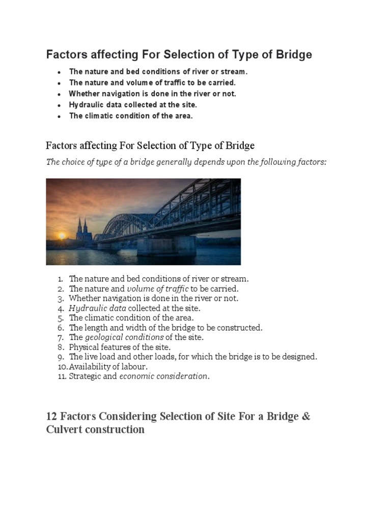 Factgors Affecting The Selection of A Bridge | PDF | River | Bridge