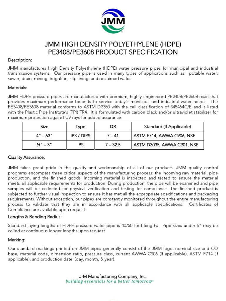 HDPE Spec Sheet 3608 | Pipe (Fluid Conveyance) | Specification ...