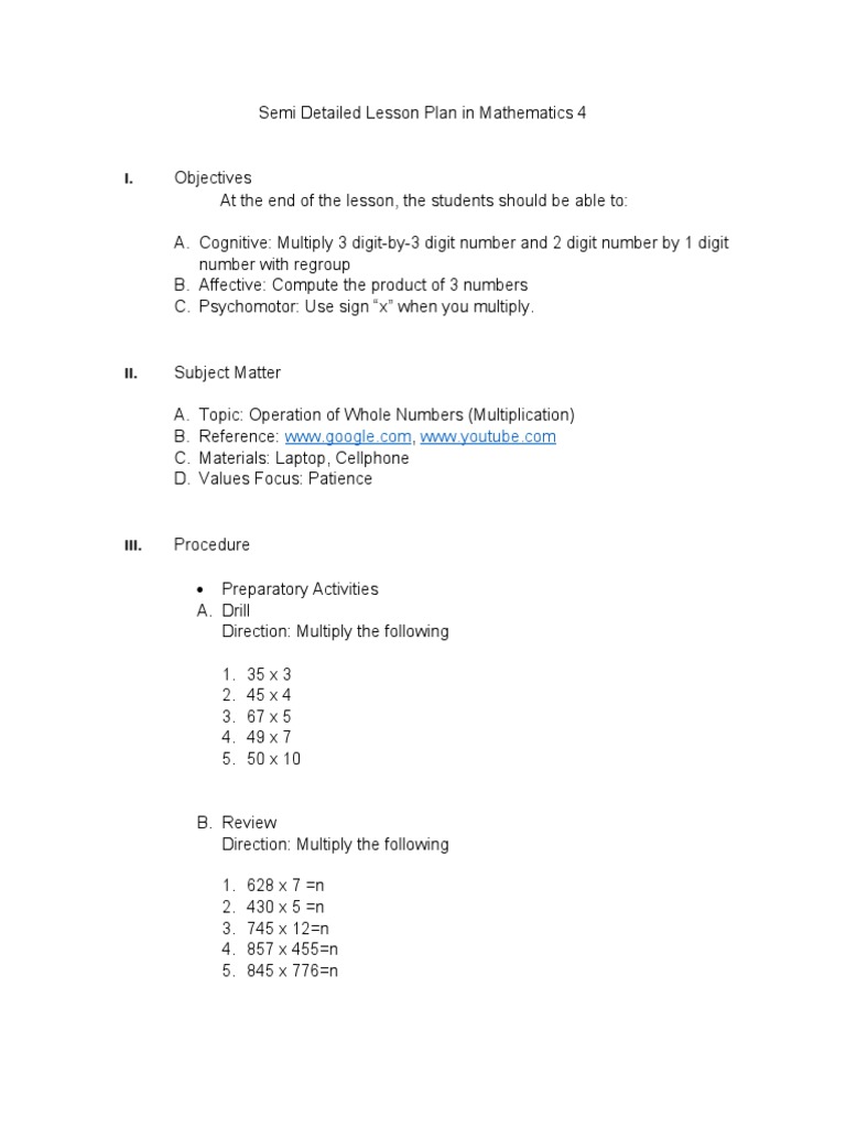 Semi Detailed Lesson Plan in Mathematics 4 | PDF | Multiplication ...