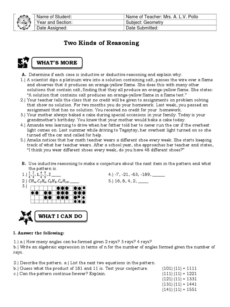 WS 1 Activity On Inductive and Deductive Reasoning | PDF | Triangle ...
