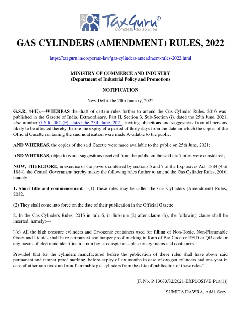 Gas Cylinders (Amendment) Rules, 2022 - Taxguru - in | PDF | Gases ...