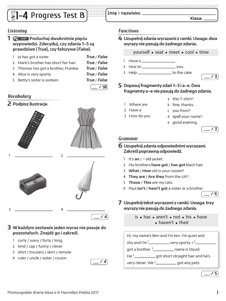 Brainy Kl4 Progress Test 1-4 B | PDF