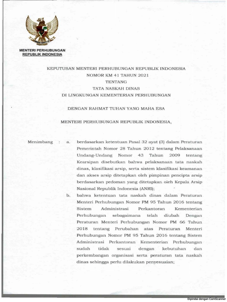 KM 41 Tahun 2021 Tentang Tata Naskah Dinas Kemenhub Compressed | PDF