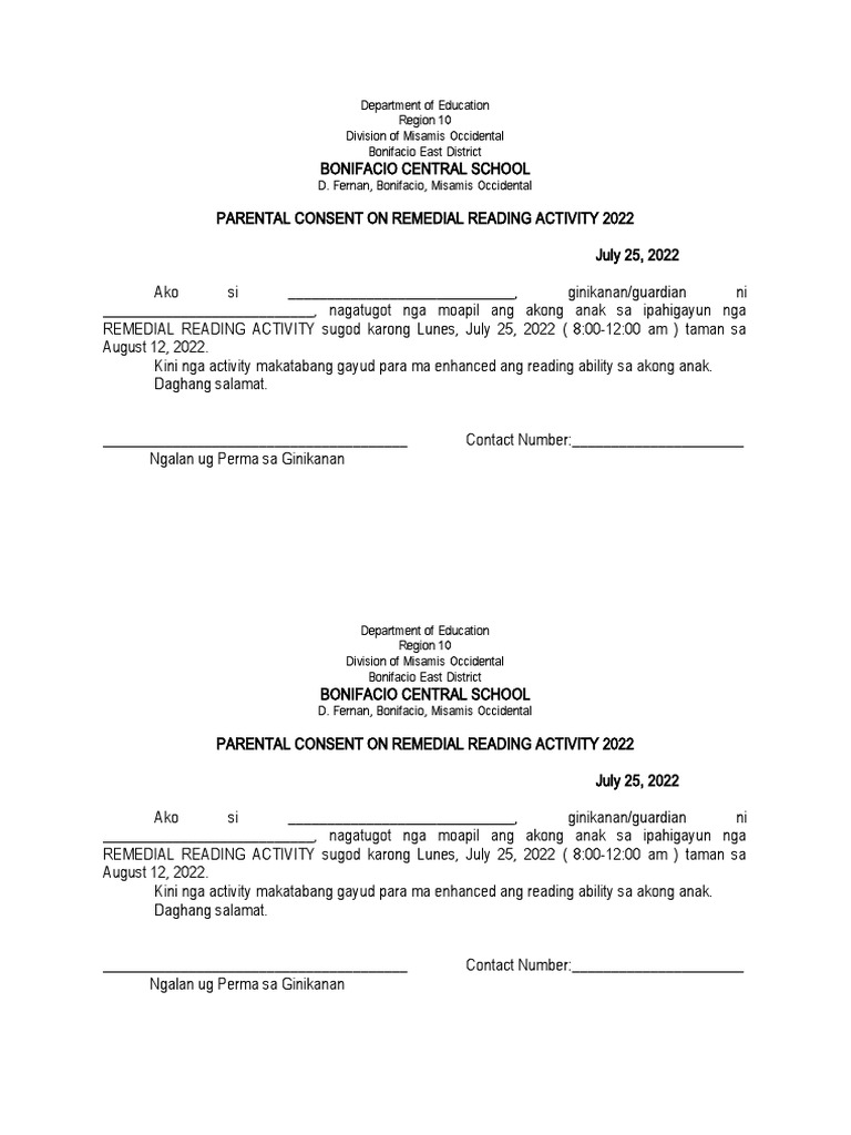 Parent Consent On Remedial Reading | PDF