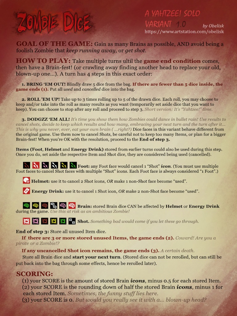 Zombie Dice Yahtzee - SOLO by Obelisk | PDF