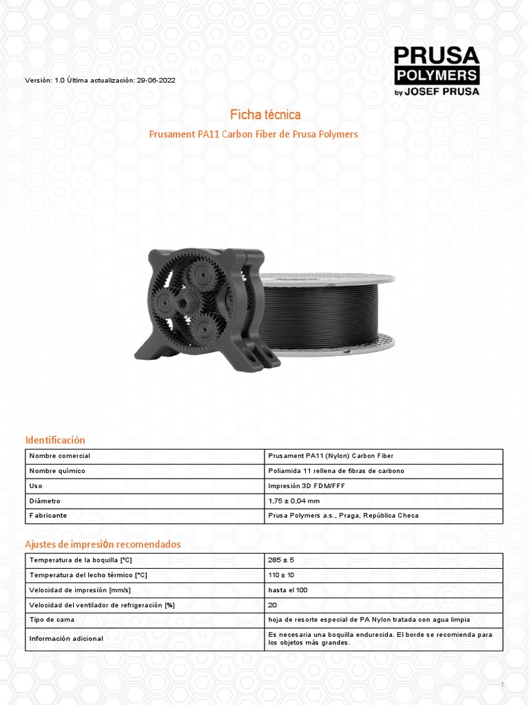 Ficha técnica del filamento Prusament PA11 Carbon Fiber de Prusa ...