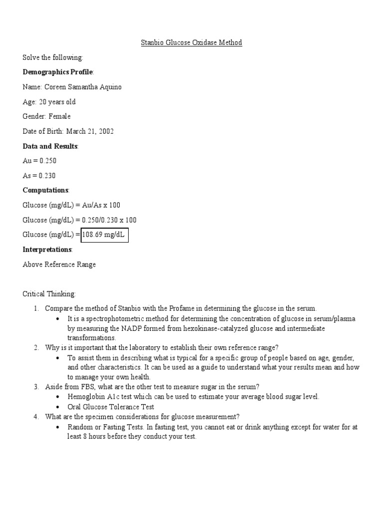 Stanbio Glucose Oxidase Method Analysis | PDF | Hyperglycemia ...