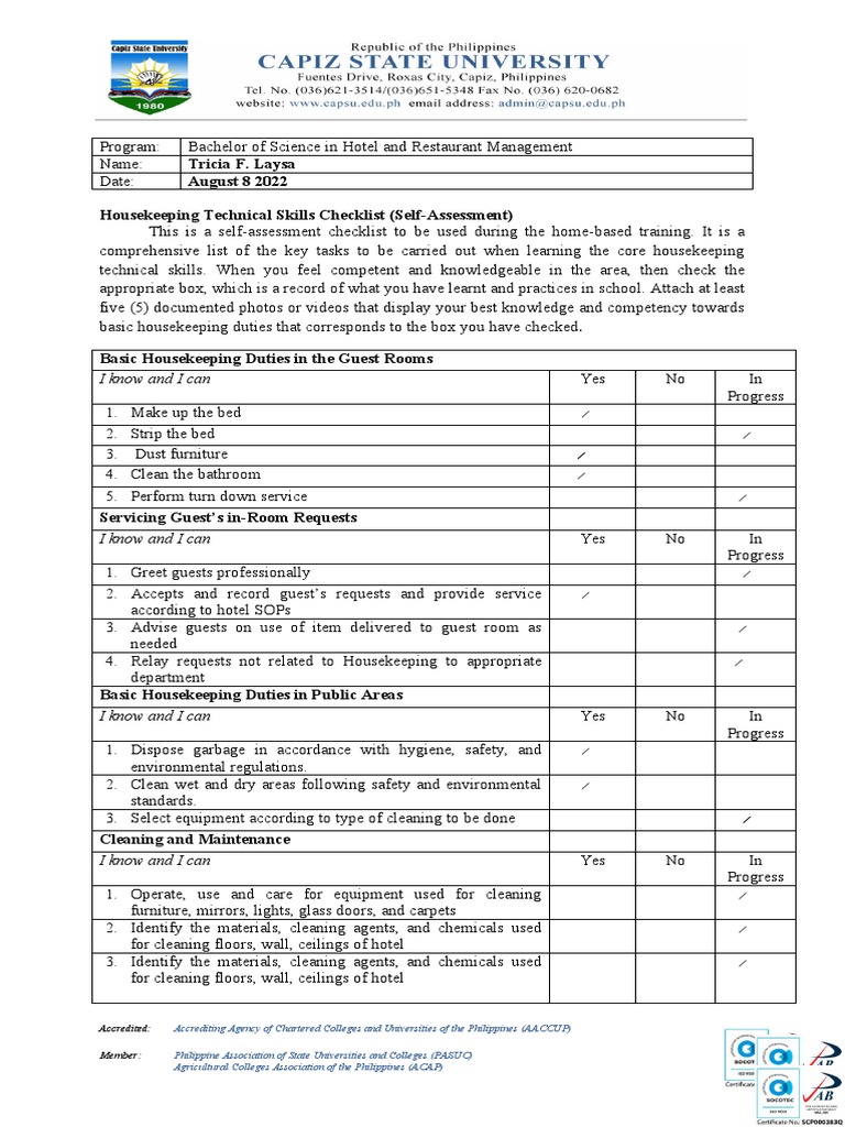 Housekeeping Skills Self-Assessment Checklist | PDF | Tableware | Menu