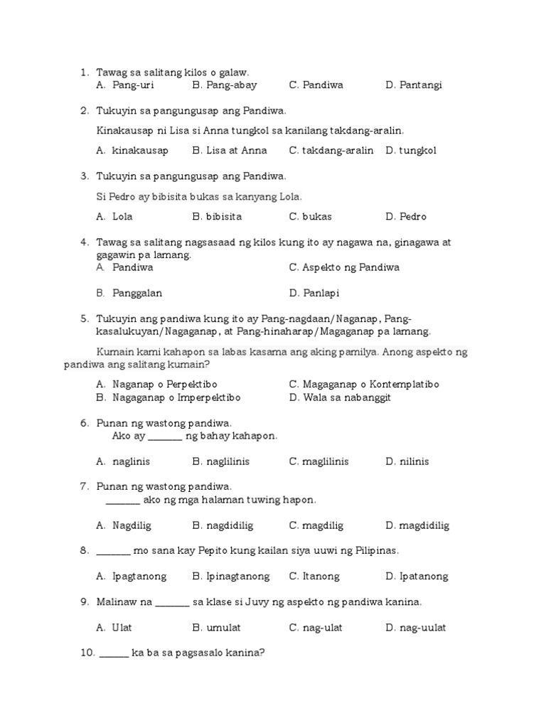 Sample Question Pandiwa | PDF