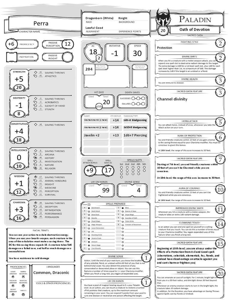 Character Sheet: Dragonborn Oath of Devotion Paladin | PDF