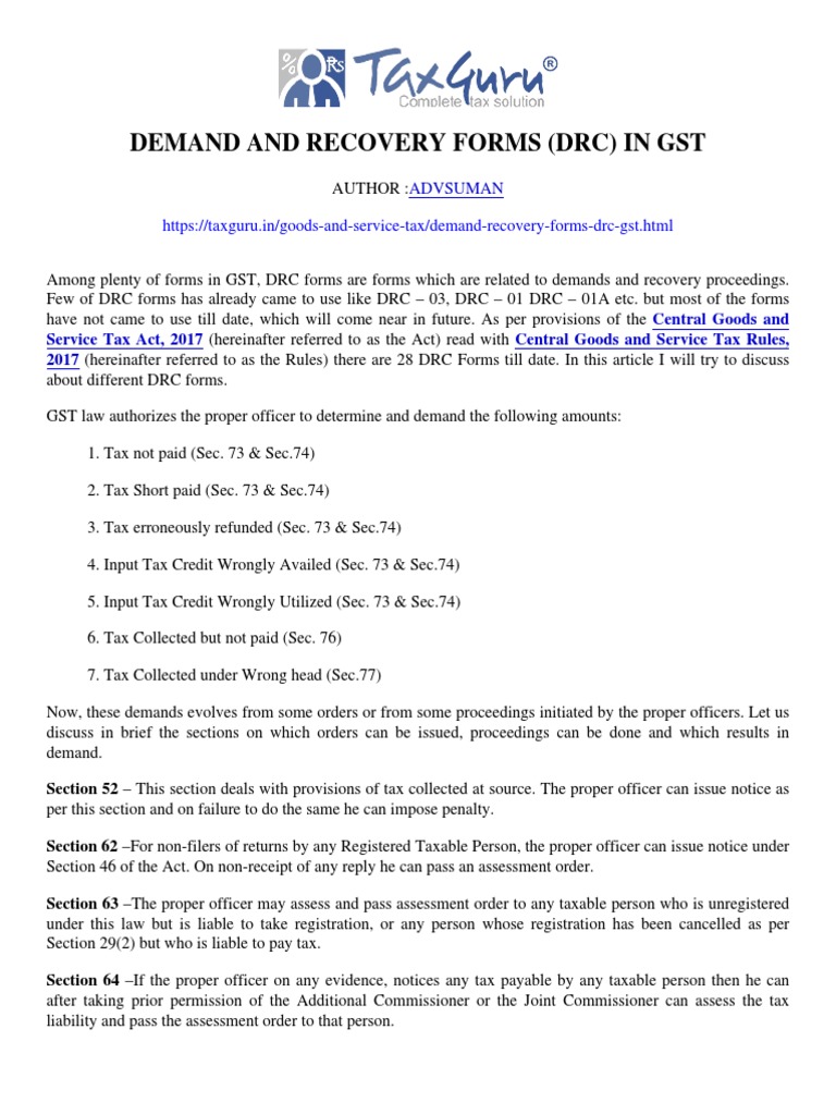 Demand and Recovery Forms (DRC) in GST | PDF