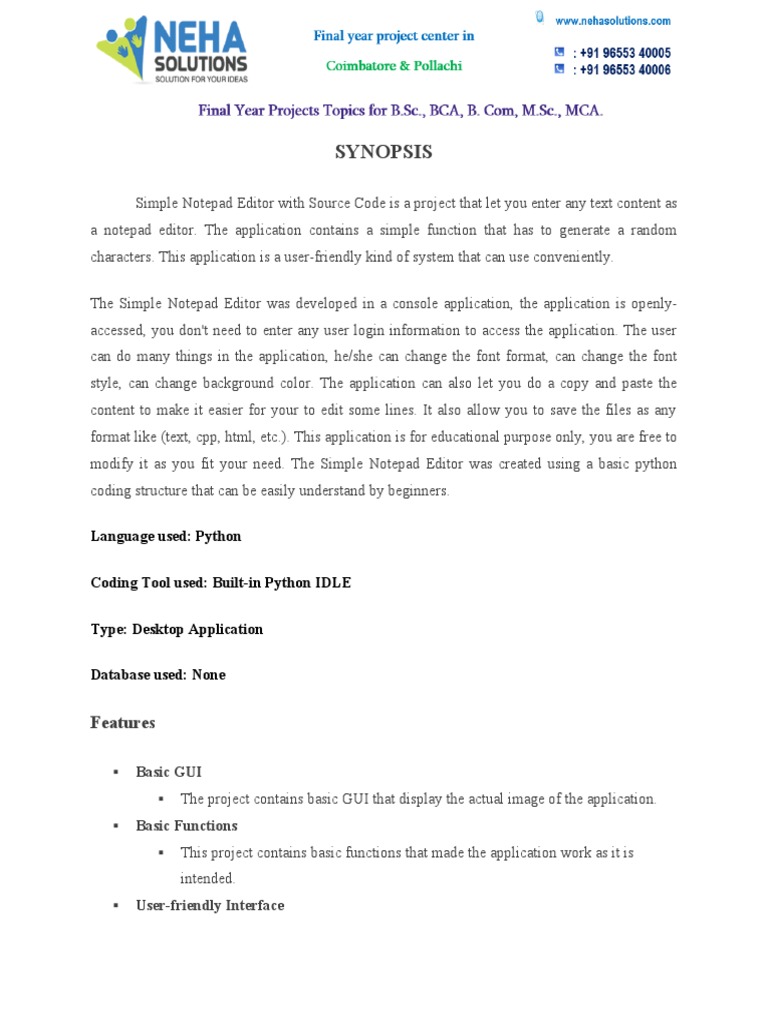 Simple Notepad Editor in Python NEHA SOLUTIONS 9655340006/9655340005 | PDF