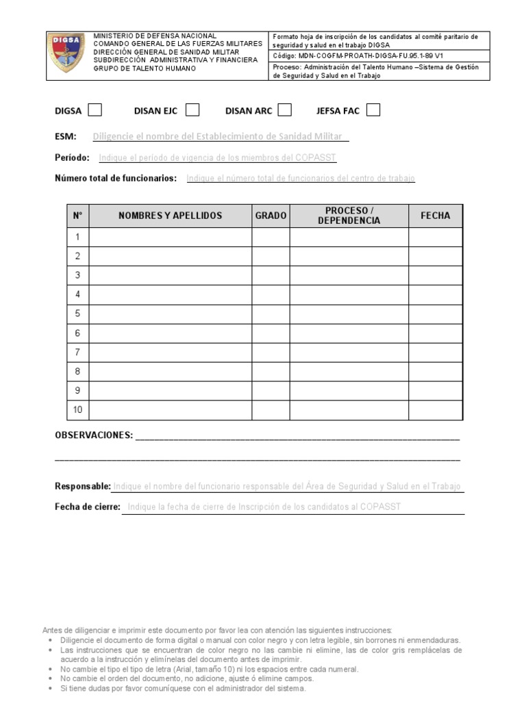 Formato Hoja de Inscripcion de Los Candidatos Al Copasst v1 Digsa | PDF Formato Hoja de Inscripcion de Los Candidatos Al Copasst v1 Digsa | PDF
