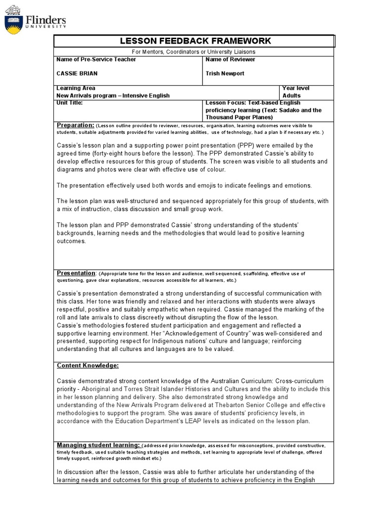 Cassie Brian Lesson Feedback 1 Evidence Set 2 | PDF | Lesson Plan ...