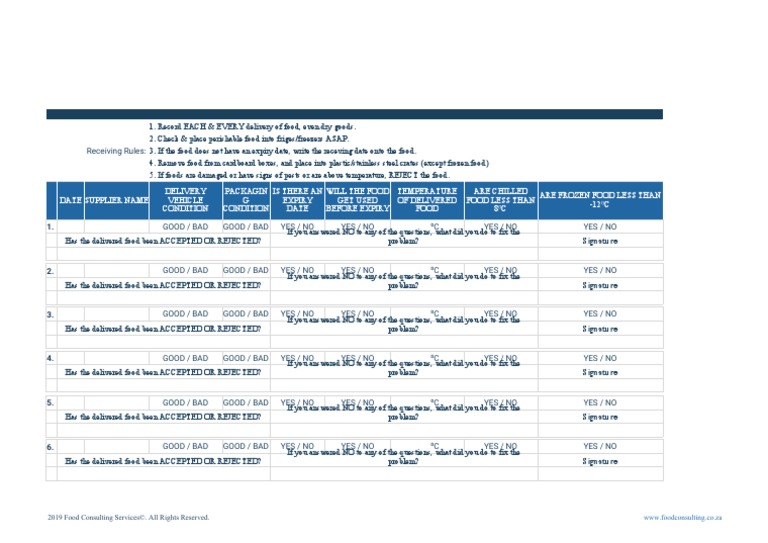 FCS Food Receiving Checklist 2019 | PDF | Refrigerator | Food And Drink